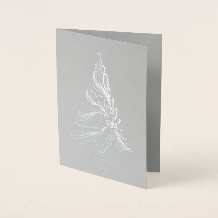 Modern Filigree Christmas Tree Silver Foil Card | Zazzle