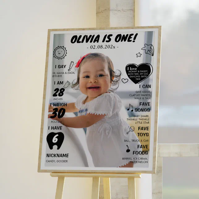 Modern First Birthday Photo Milestone Poster | Zazzle