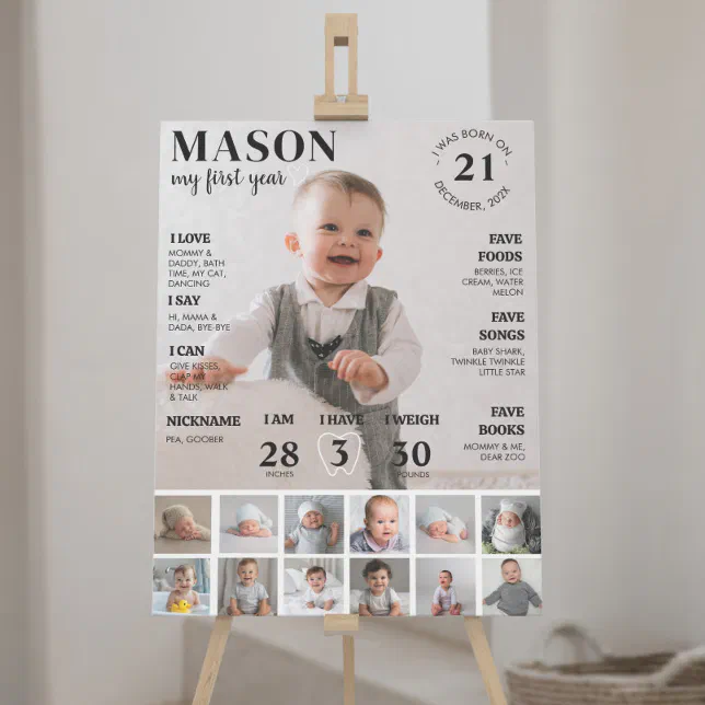 Modern First Birthday Photo Milestone Poster | Zazzle