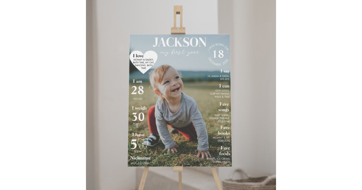 Modern First Birthday Photo Milestone Poster | Zazzle