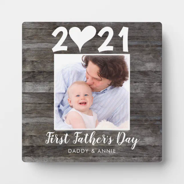 Modern First Father's Day Script Heart Wood Photo Plaque | Zazzle