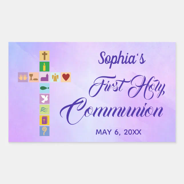Modern First Holy Communion Colorful Cross Symbols Rectangular Sticker ...