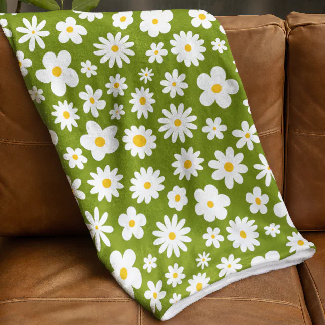 Modern Flat Graphic Daisy Green Fleece Blanket | Zazzle