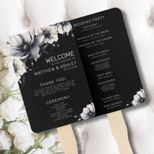 Modern Floral Black Wedding Ceremony Program Hand Fan | Zazzle