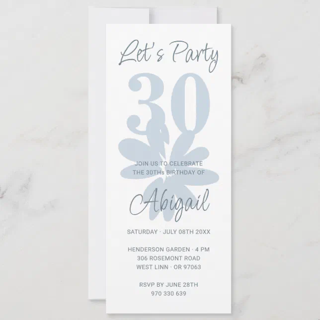 Modern Floral Blue 30th Birthday Invitation | Zazzle