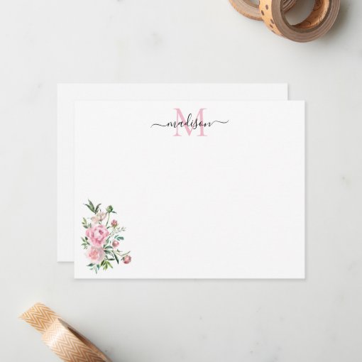Modern Floral Blush Pink Watercolor Rose Monogram Note Card | Zazzle