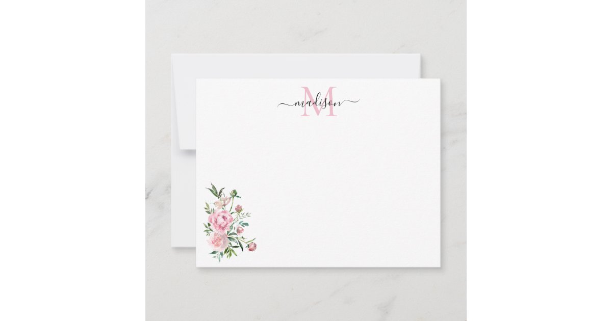 Modern Floral Blush Pink Watercolor Rose Monogram Note Card | Zazzle