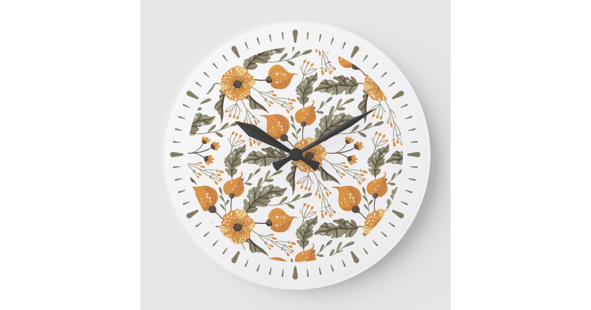 Modern Floral Botanical Pattern Golden Green Large Clock | Zazzle