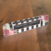 Modern Floral Burgundy Black White Stripes Desk Name Plate | Zazzle