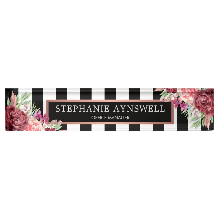 Modern Floral Burgundy Black White Stripes Desk Name Plate | Zazzle