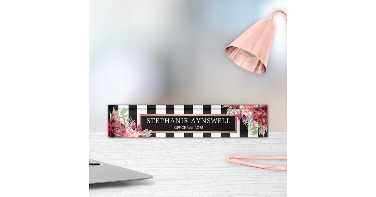 Modern Floral Burgundy Black White Stripes Desk Name Plate | Zazzle