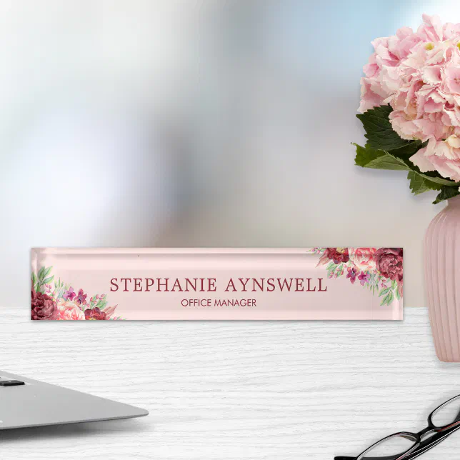 Modern Floral Burgundy Blush Watercolor Desk Name Plate | Zazzle
