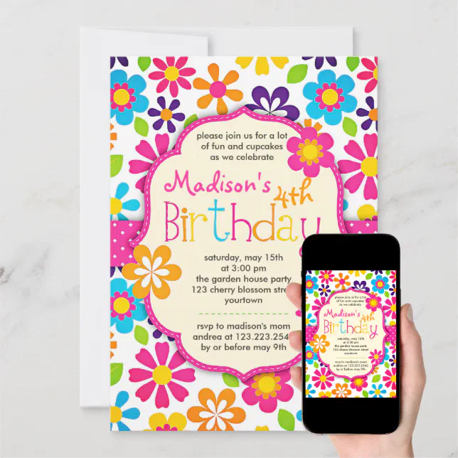 Modern Floral Colorful Spring Cute Birthday Party Invitation | Zazzle