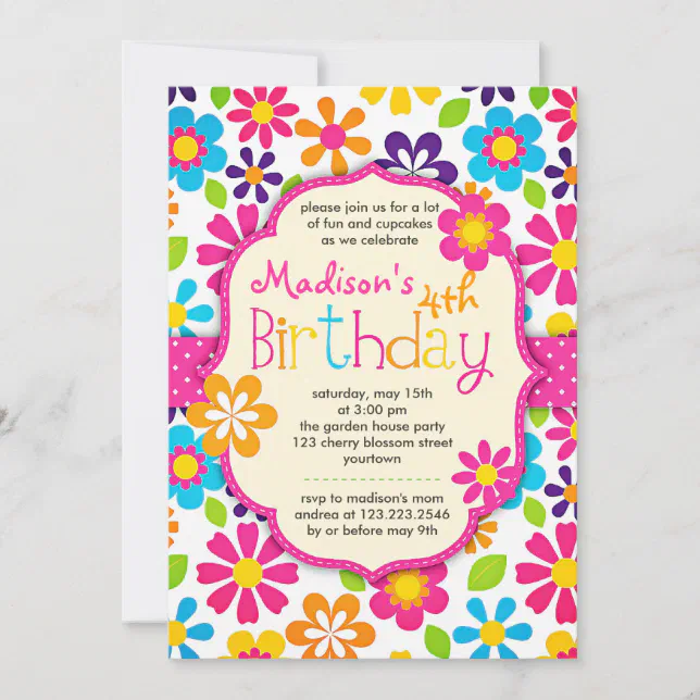 Modern Floral Colorful Spring Cute Birthday Party Invitation | Zazzle