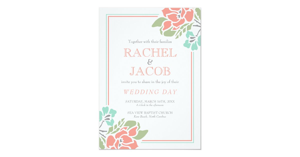 Modern Floral Coral and Teal Wedding Invitation | Zazzle.com
