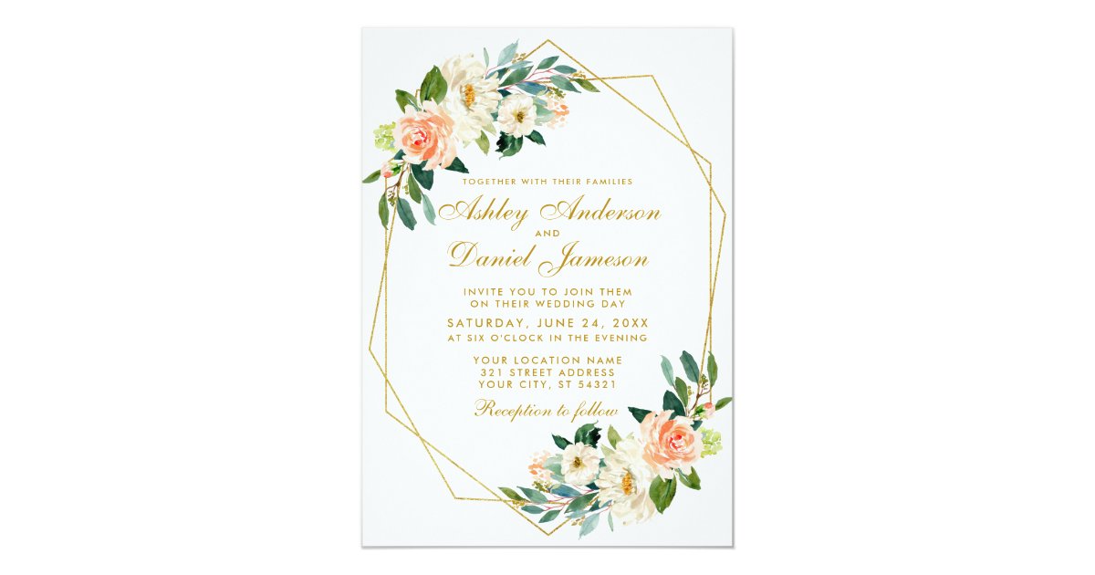 Modern Floral Coral Gold Geometric Frame Wedding Invitation | Zazzle.com