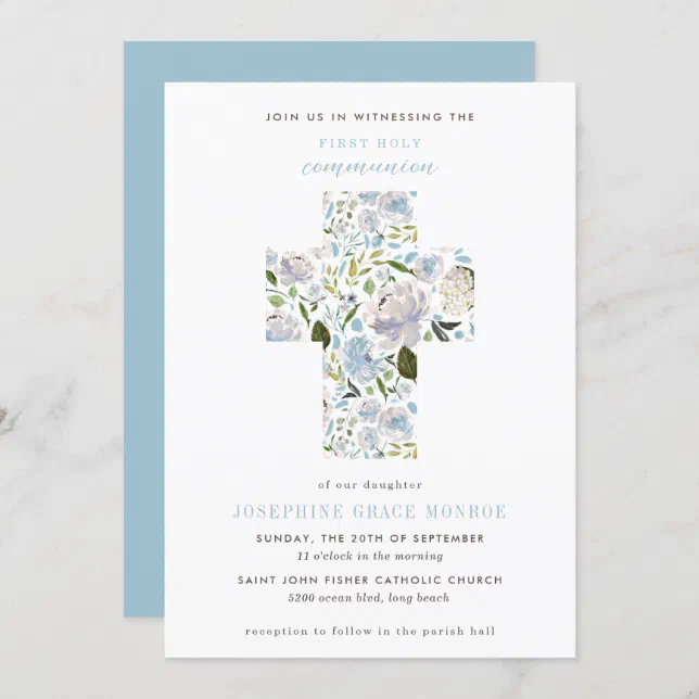 Modern Floral Cross Light Blue First Communion Invitation | Zazzle