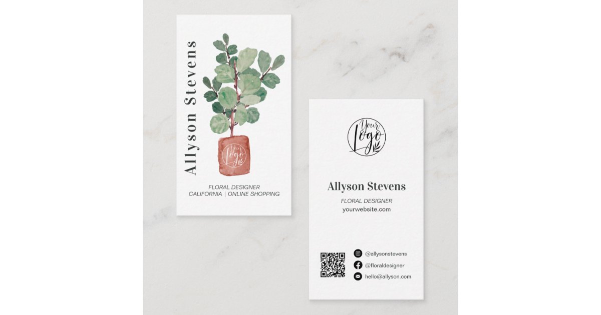 Modern floral designer plant fig logo qr code business card | Zazzle