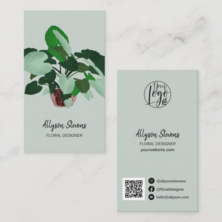 Modern floral designer plant green logo qr code business card | Zazzle