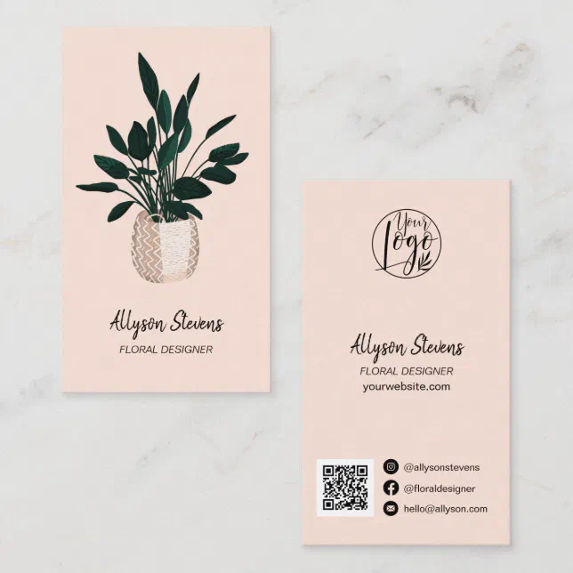 Modern floral designer plant pink logo qr code business card | Zazzle