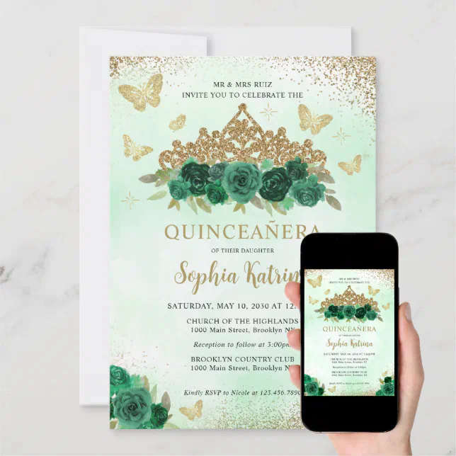 Modern Floral Emerald Green Gold Tiara Quinceañera Invitation | Zazzle