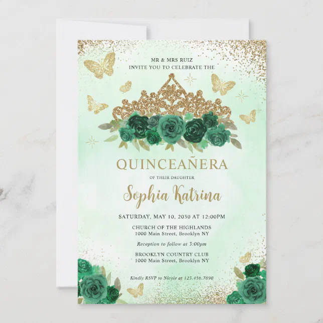 Modern Floral Emerald Green Gold Tiara Quinceañera Invitation | Zazzle