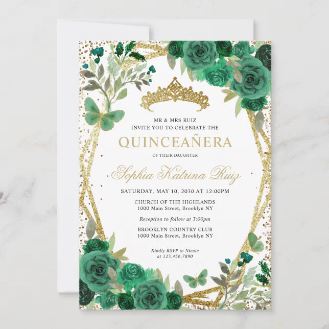 Modern Floral Emerald Green Gold Tiara Quinceañera Invitation | Zazzle
