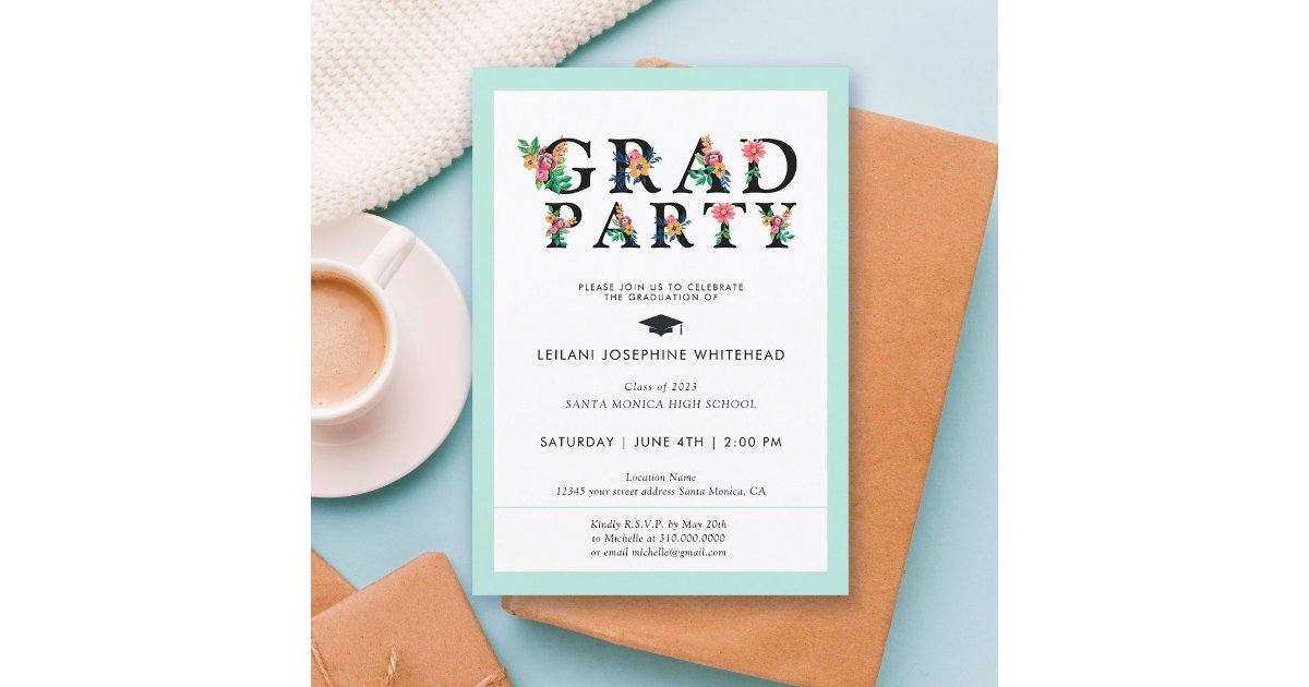 Modern Floral Font Grad Party Invitation | Zazzle