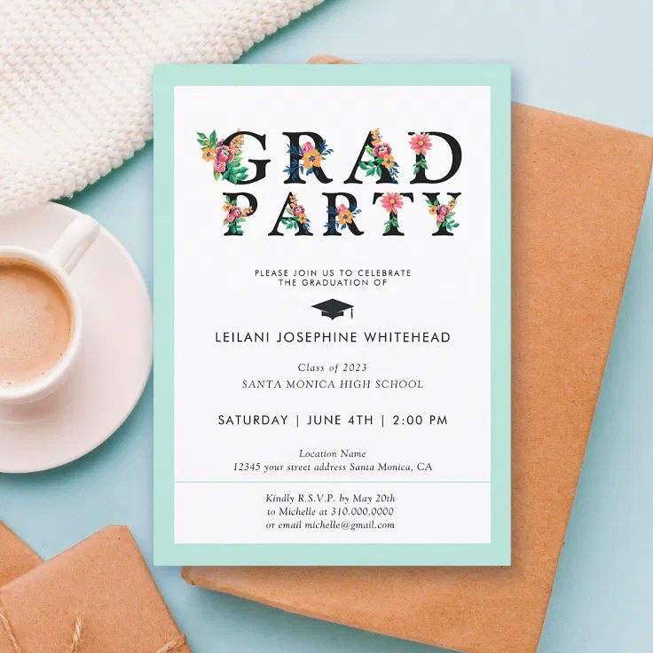 Modern Floral Font Grad Party Invitation | Zazzle