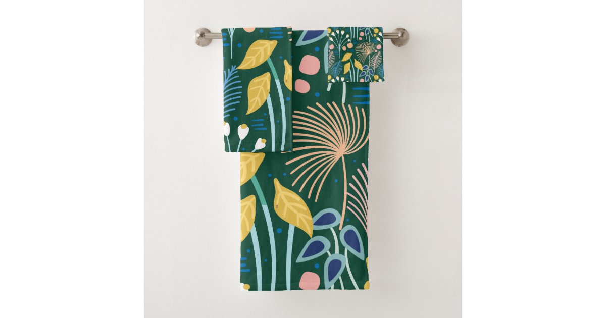 Modern Floral Garden Illustration Pattern in Green Bath Towel Set | Zazzle