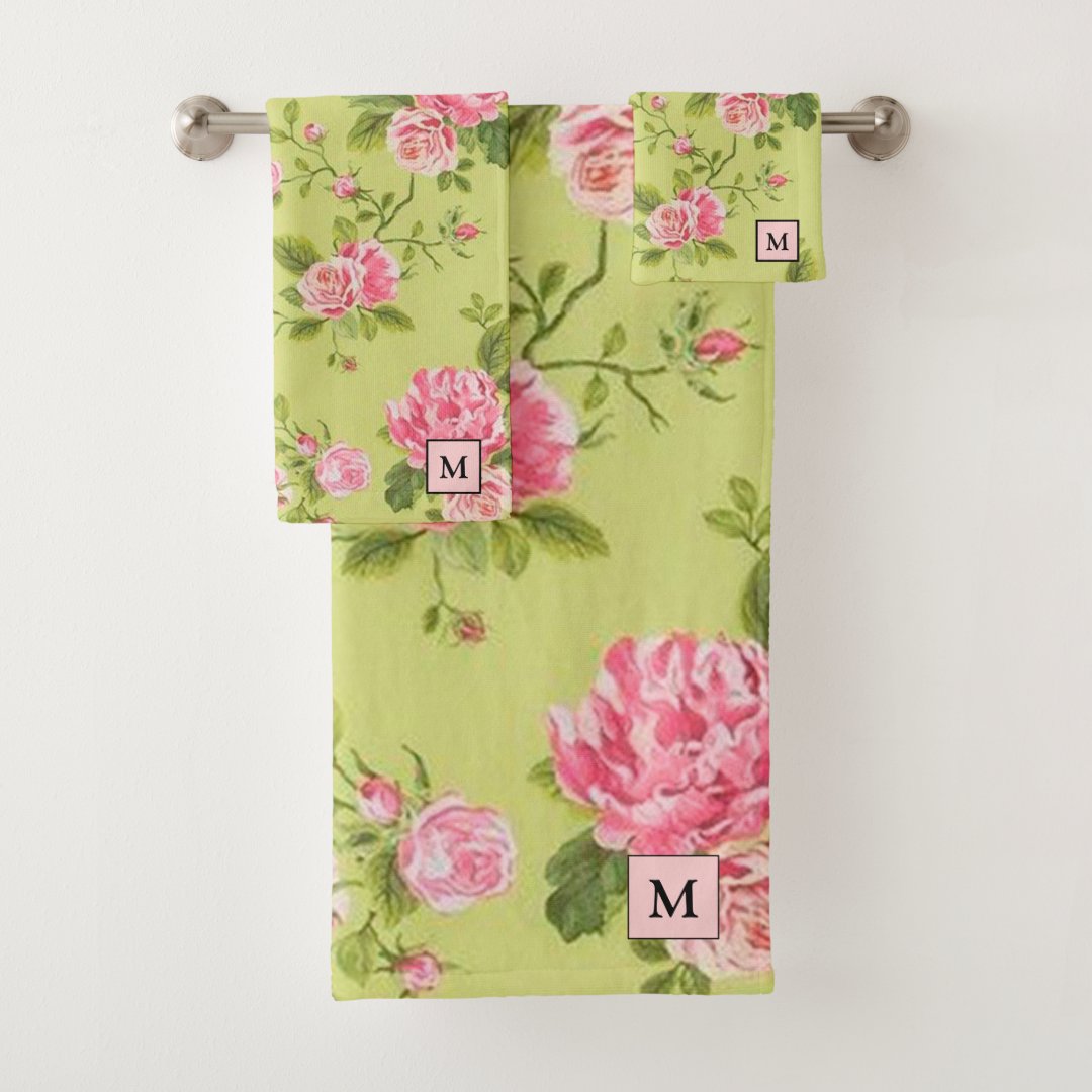 Modern Floral Green Rose Bath Towel Set | Zazzle