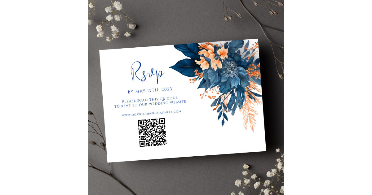 Modern Floral Indigo Rust QR Code Wedding RSVP Card | Zazzle