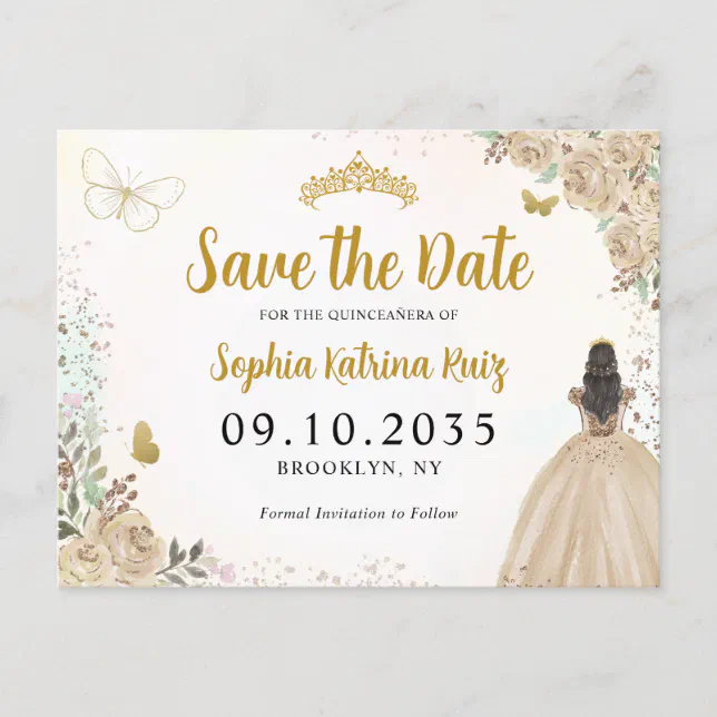 Modern Floral Light Gold Quinceanera Save the Date Postcard | Zazzle