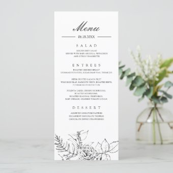 Modern Floral Line Drawing Wedding Dinner Menu Invitation | Zazzle