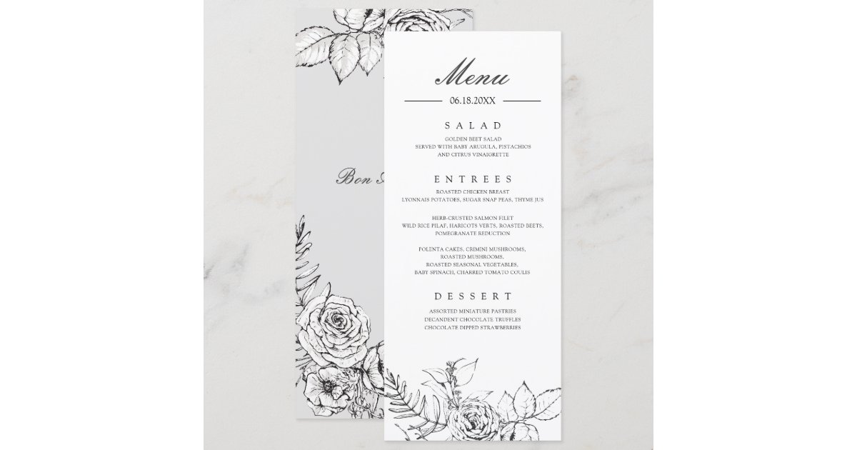 Modern Floral Line Drawing Wedding Dinner Menu Invitation | Zazzle