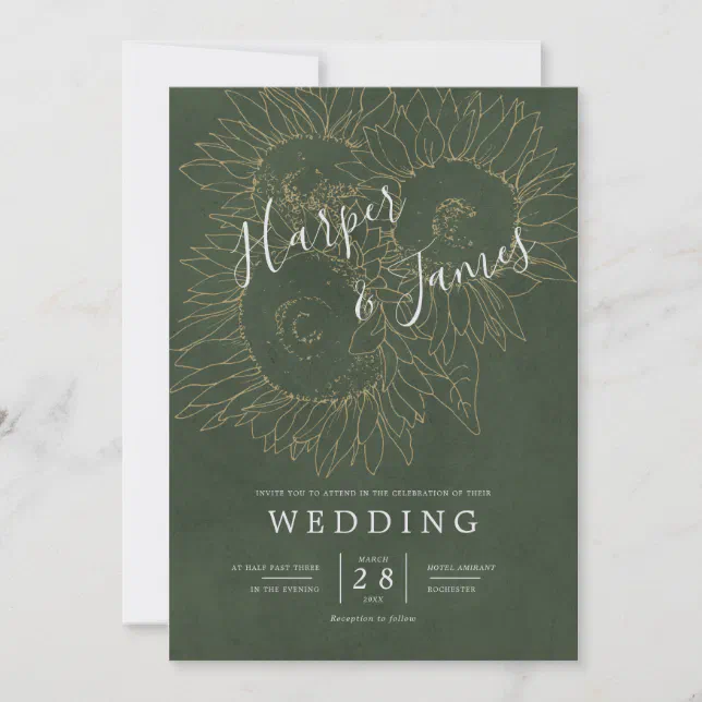 Modern floral lines sunflowers moss green wedding invitation | Zazzle