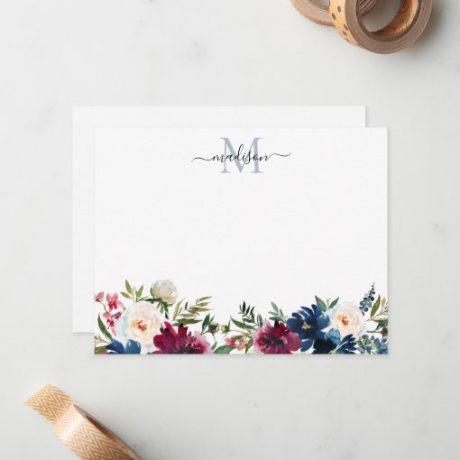 Modern Floral Navy Blue Burgundy Red Rose Monogram Note Card | Zazzle