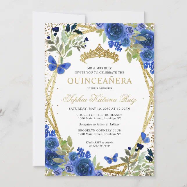 Modern Floral Navy Blue Gold Tiara Quinceañera Invitation | Zazzle