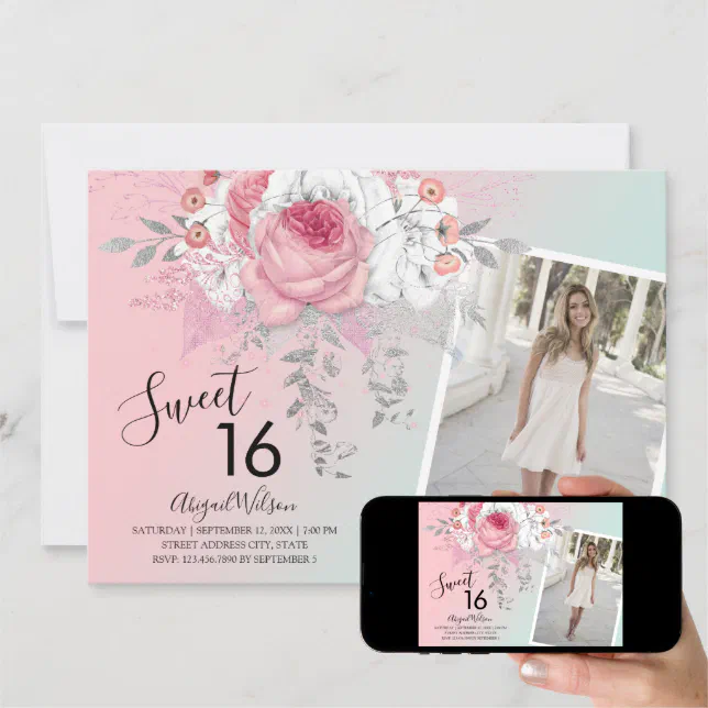 Modern floral ombre sweet sixteen birthday party invitation | Zazzle