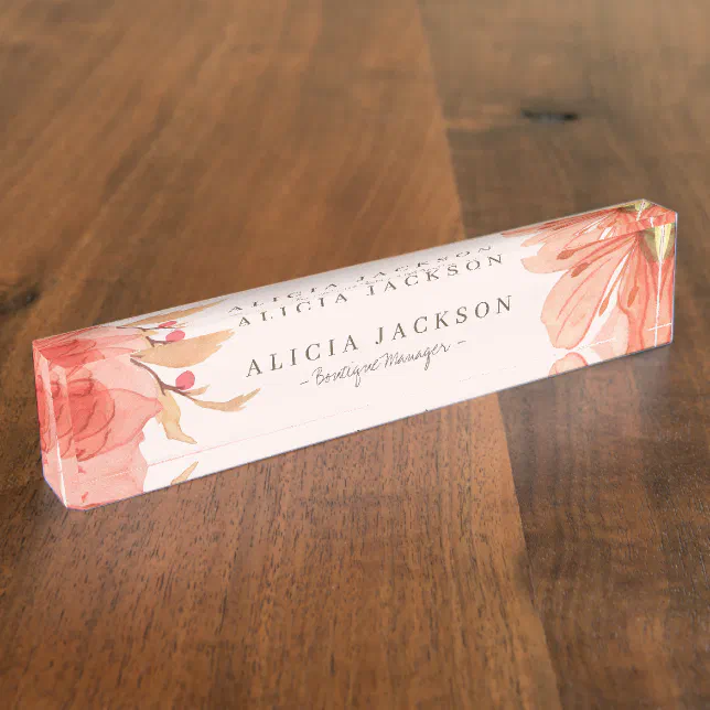Modern floral pastel watercolor boutique manager desk name plate | Zazzle