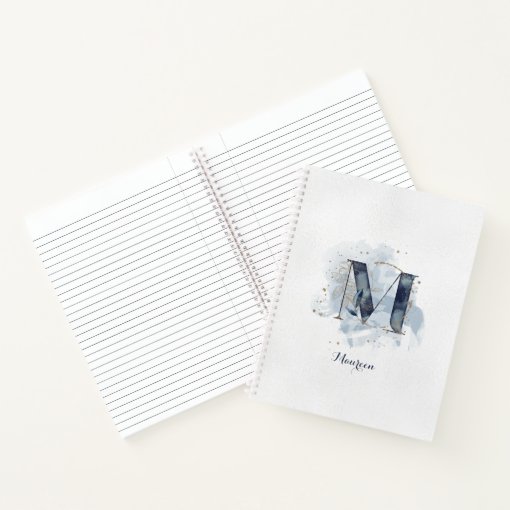 Modern Floral Personal Monogram Letter M Blue Gold Notebook | Zazzle