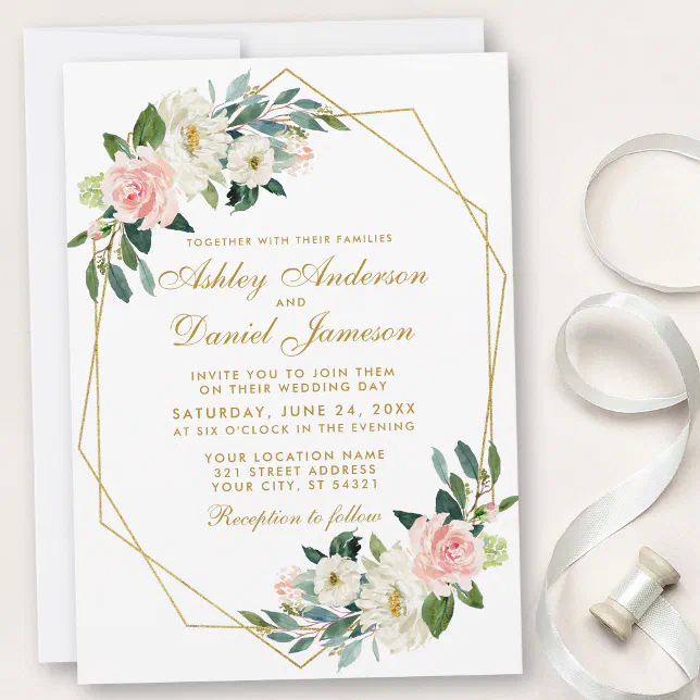 Modern Floral Pink Gold Geometric Frame Wedding Invitation | Zazzle