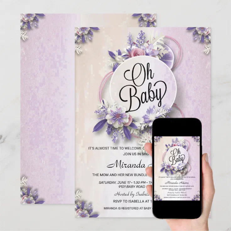 Modern Floral Purple Baby Shower Invitation | Zazzle