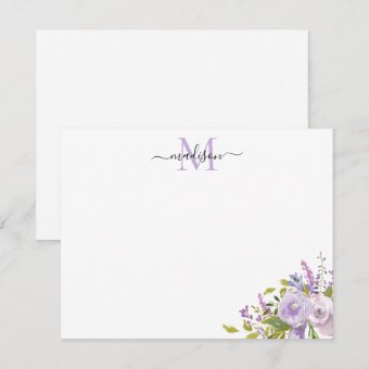 Modern Floral Purple Pink Roses Greenery Monogram Note Card | Zazzle