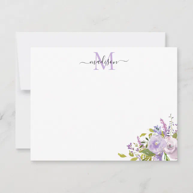 Modern Floral Purple Pink Roses Greenery Monogram Note Card | Zazzle