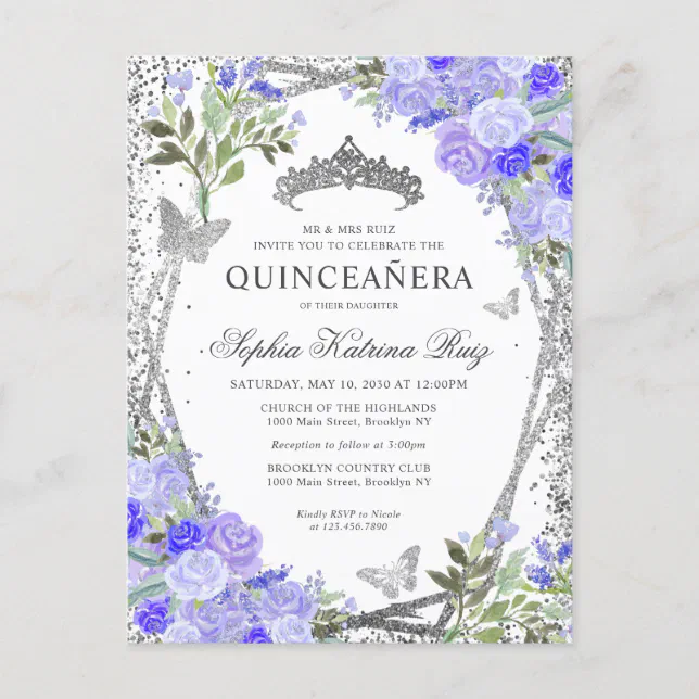 Modern Floral Purple Silver Gray Tiara Quinceañera Postcard | Zazzle