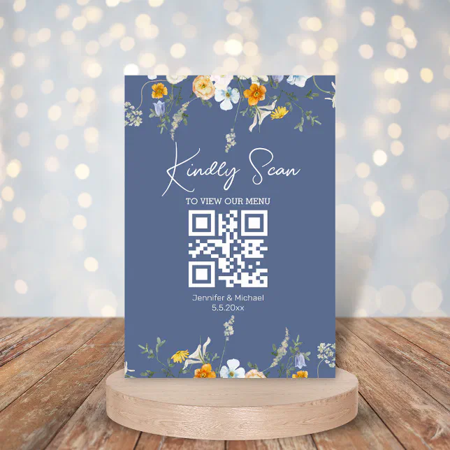 modern floral qr code blue nova wedding menu card | Zazzle