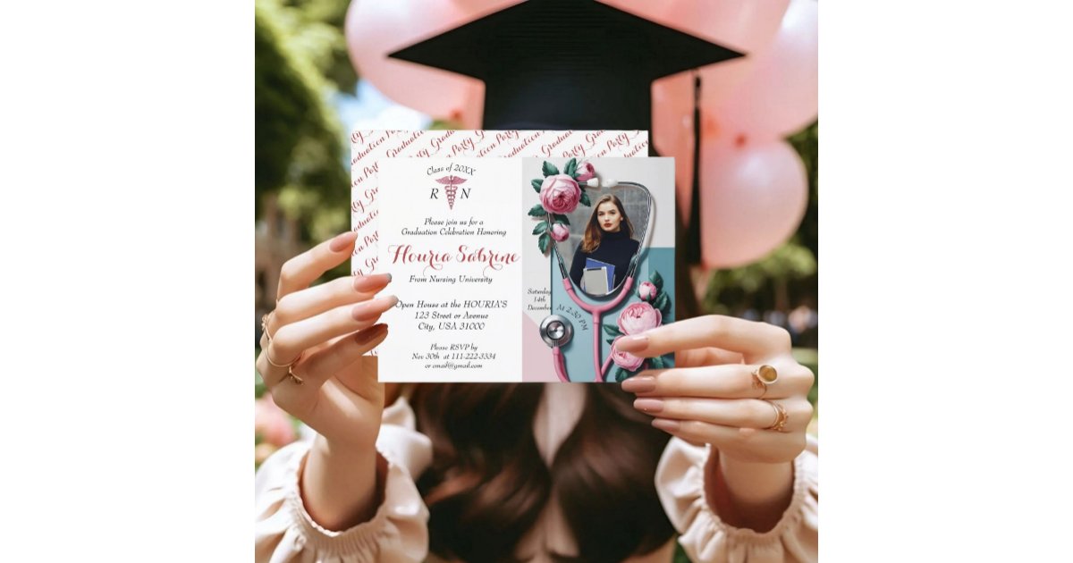 Modern Floral Stethoscope Graduation invitation Postcard | Zazzle