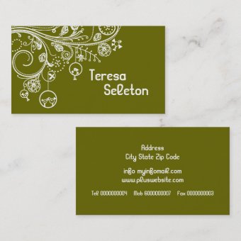 Modern floral swirls & birds olive green business card | Zazzle