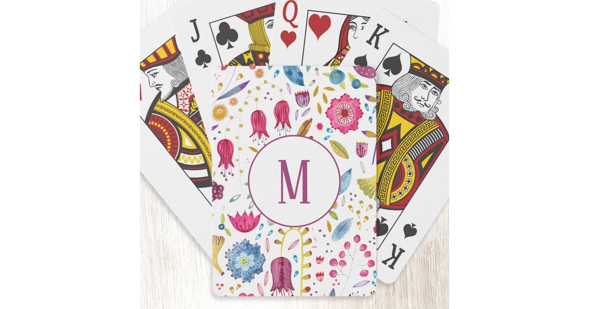 Modern Floral Watercolor Monogram Poker Cards | Zazzle